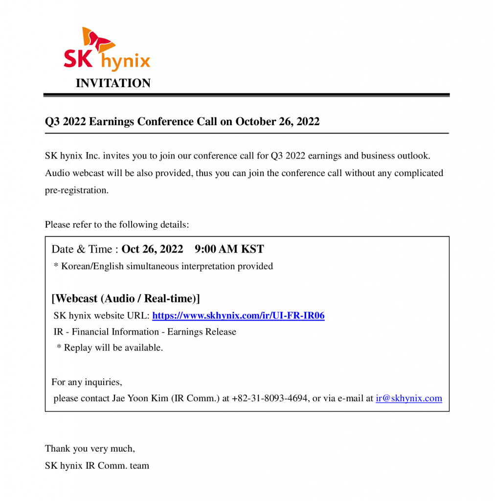 Q3 2022 Earnings Conference Call Invitation - SK hynix Newsroom