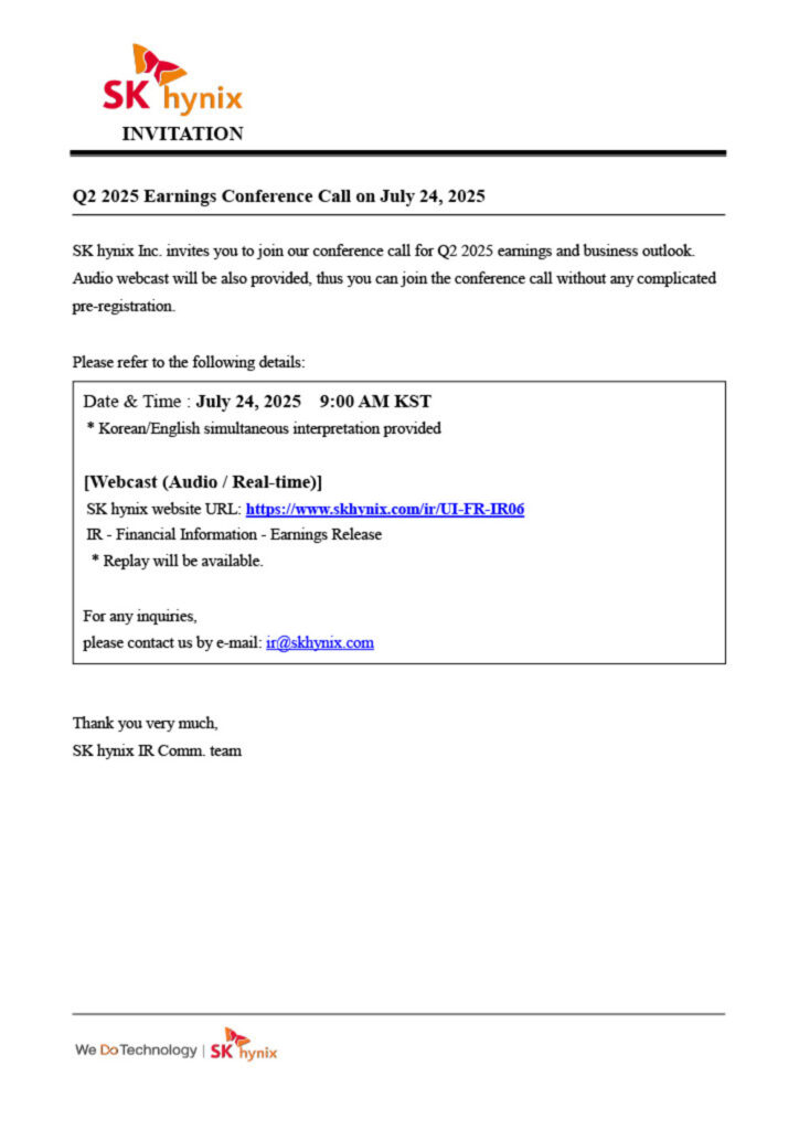 Q2 2025 Earnings Conference Call Invitation - SK hynix Newsroom