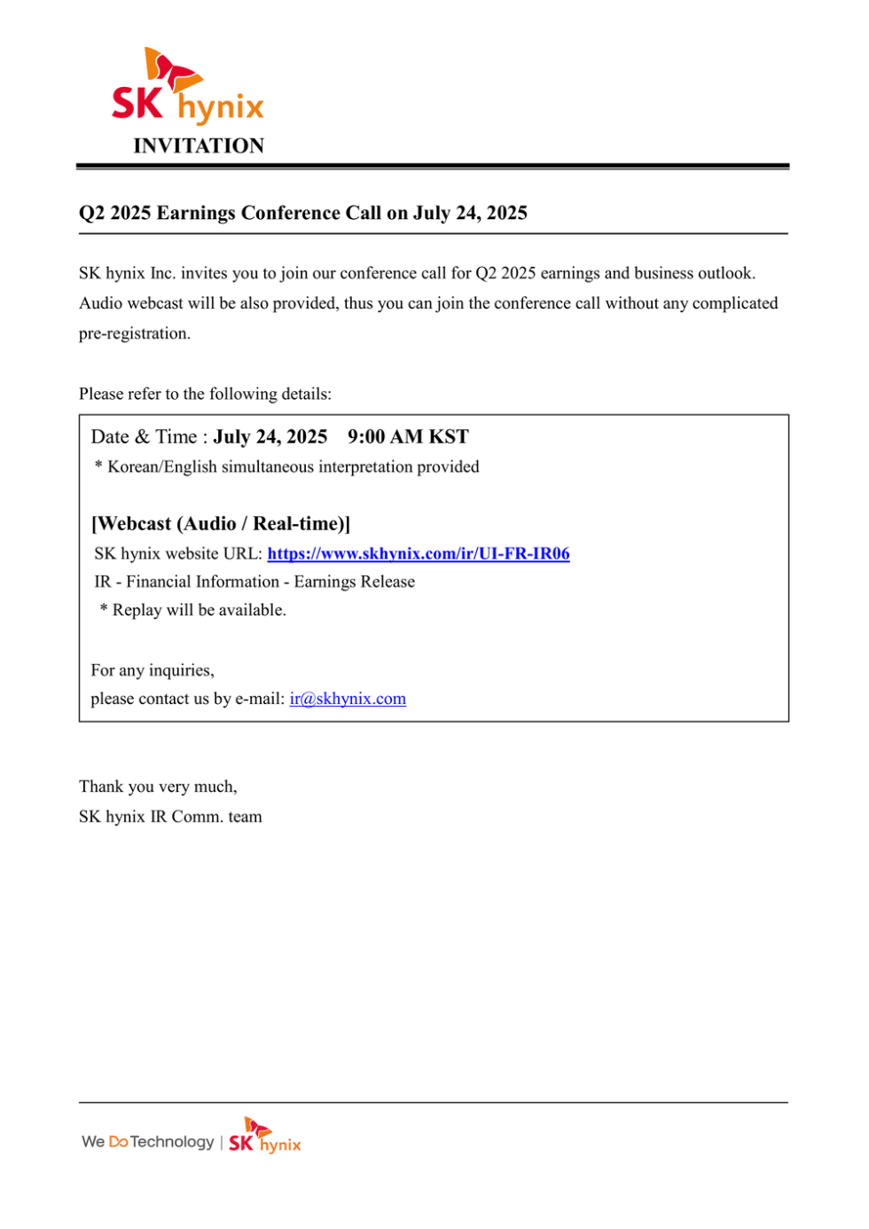 Q2 2025 Earnings Conference Call Invitation